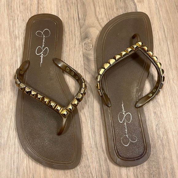 Jessica Simpson | Shoes | Jessica Simpson Brown With Gold Studded Thong ...